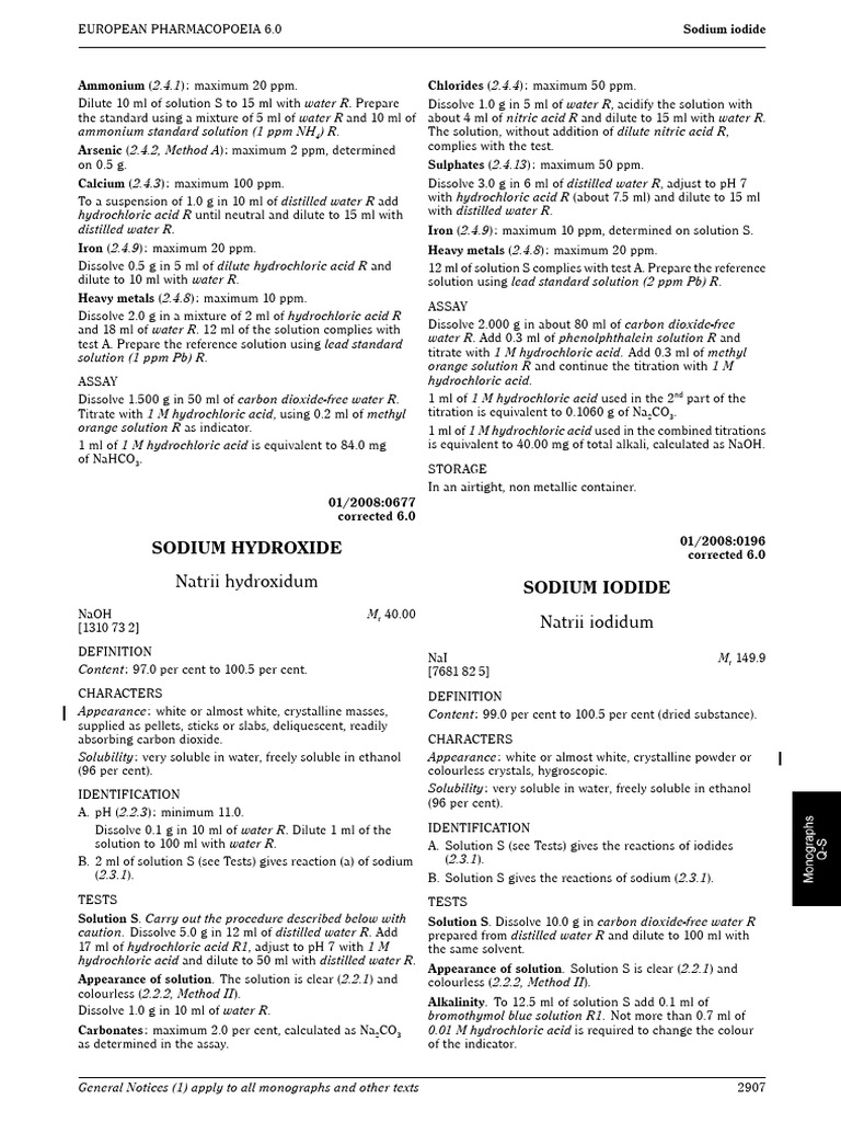 Sodium Hydroxide Ph. Eur. Monograph | PDF | Sodium Hydroxide | Acid