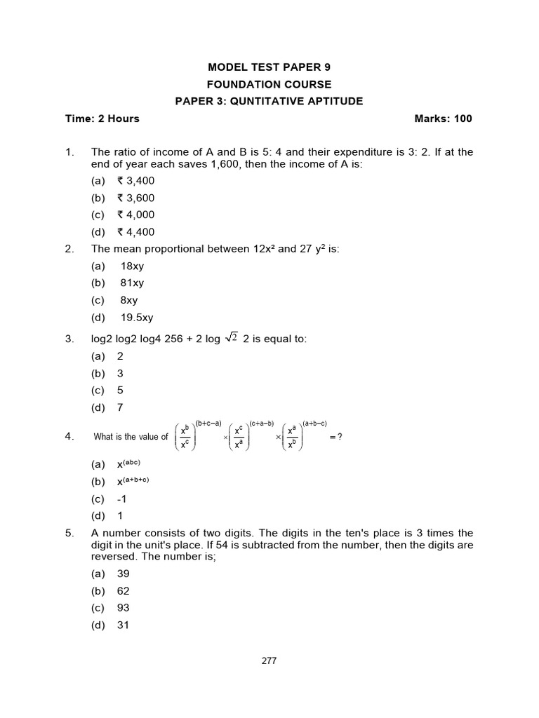 Quantitative Aptitude Model Test Paper | PDF | Mathematics | Equations
