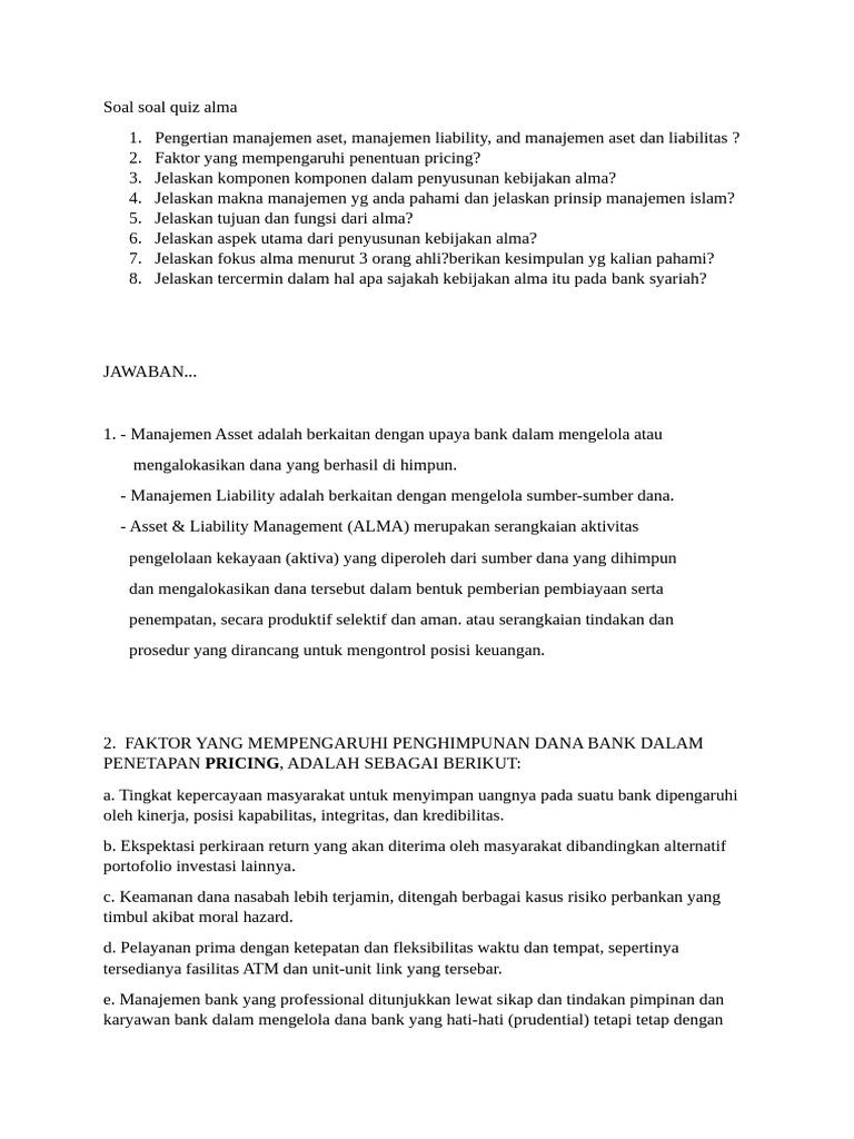 Soal Dan Jawaban Quiz Alma Sebelum Uts | PDF