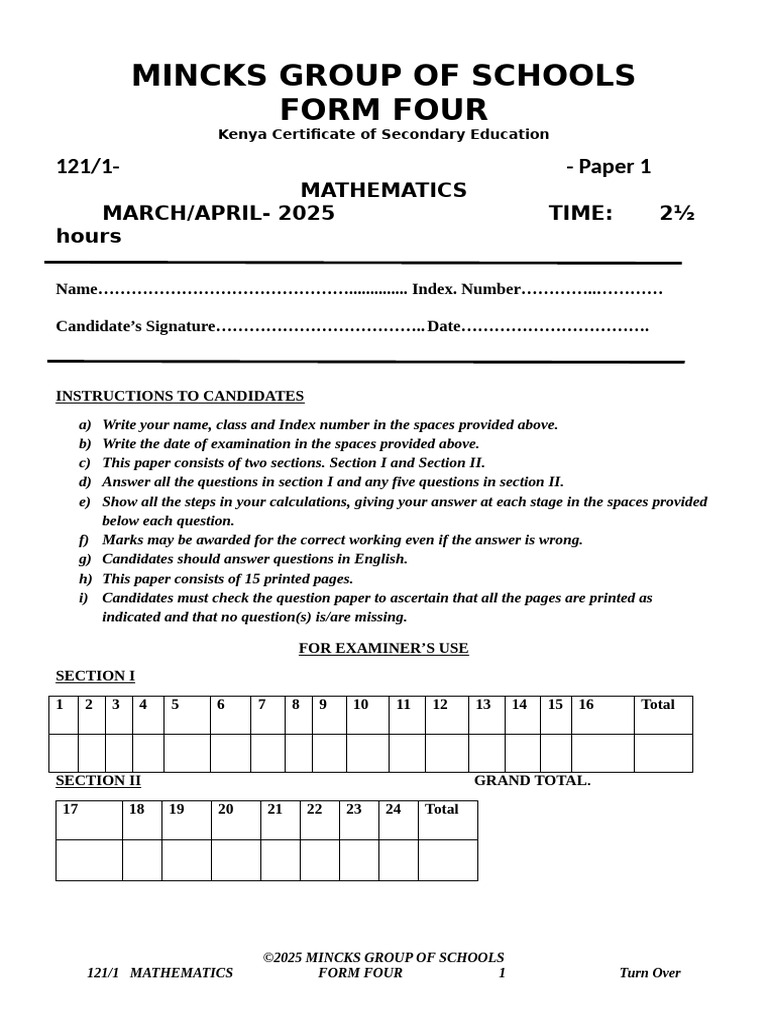 Form 4 Maths Paper 1 End Term 1 2025 | PDF | Triangle | Volume