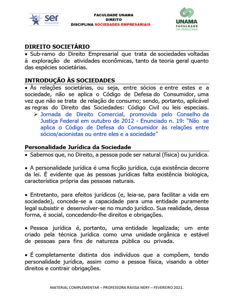 MATERIAL COMPLEMENTAR - Intr. Sociedades - Sociedades Simples X Empresárias | PDF | Companhia ...