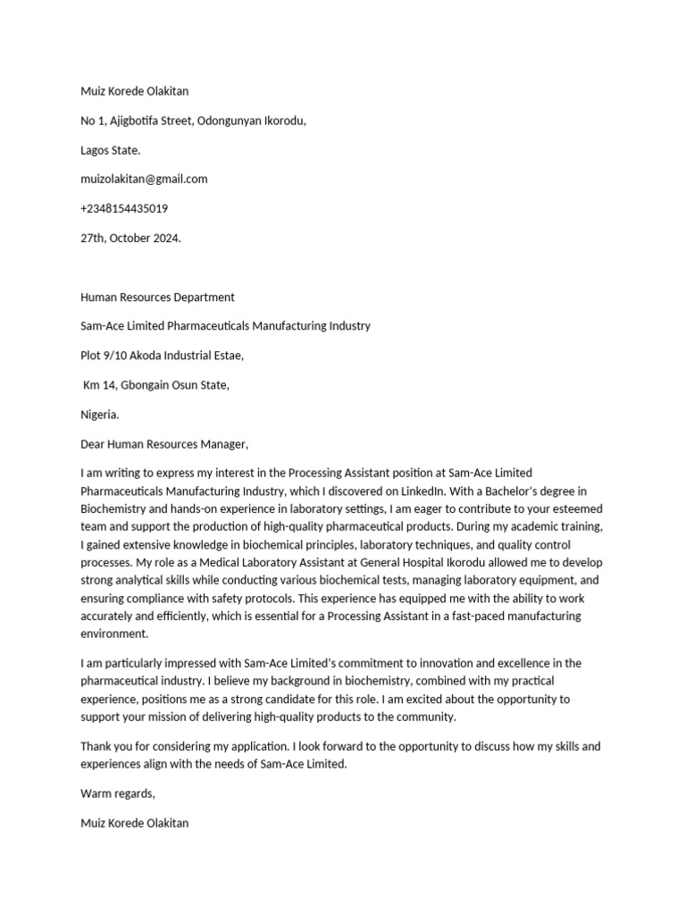 Muiz Korede Application Letter WPS Office | PDF
