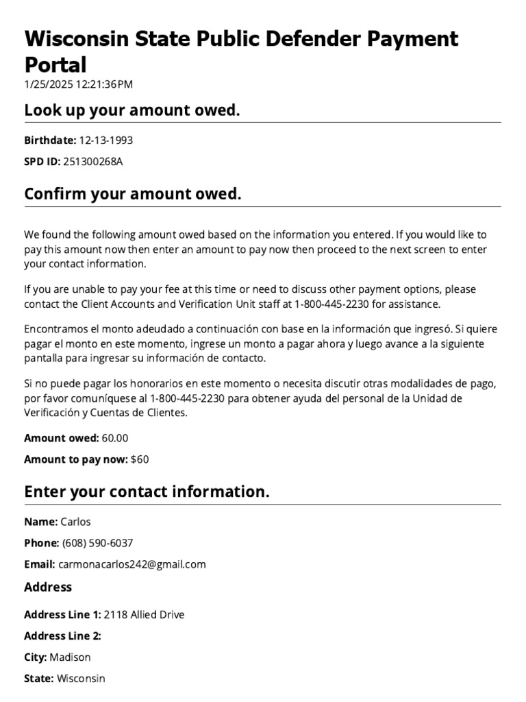 Wisconsin State Public Defender Payment Portal: Look Up Your Amount Owed | PDF