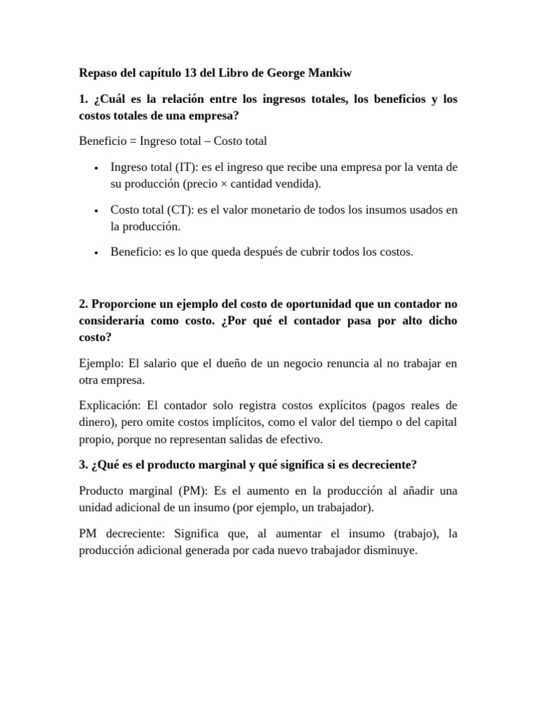 Repaso Del Capítulo 13 Del Libro de George Mankiw | PDF | Costo ...