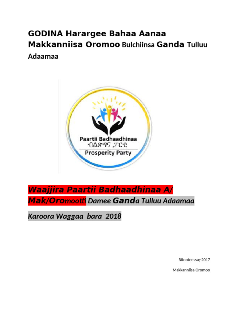 Karoora Waggaa 2018 Waajjira Paartii Badhaadhina Damee Ganda Tulluu ...