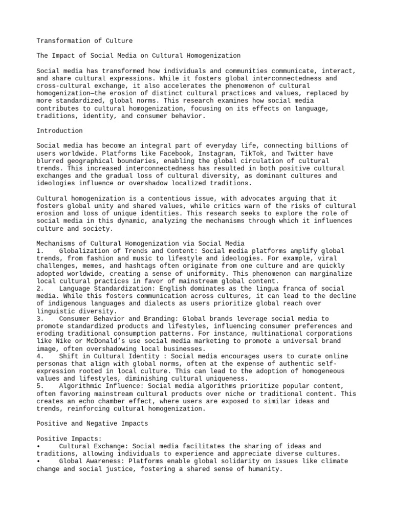 Social Media's Role in Cultural Homogenization | PDF | Social Media ...