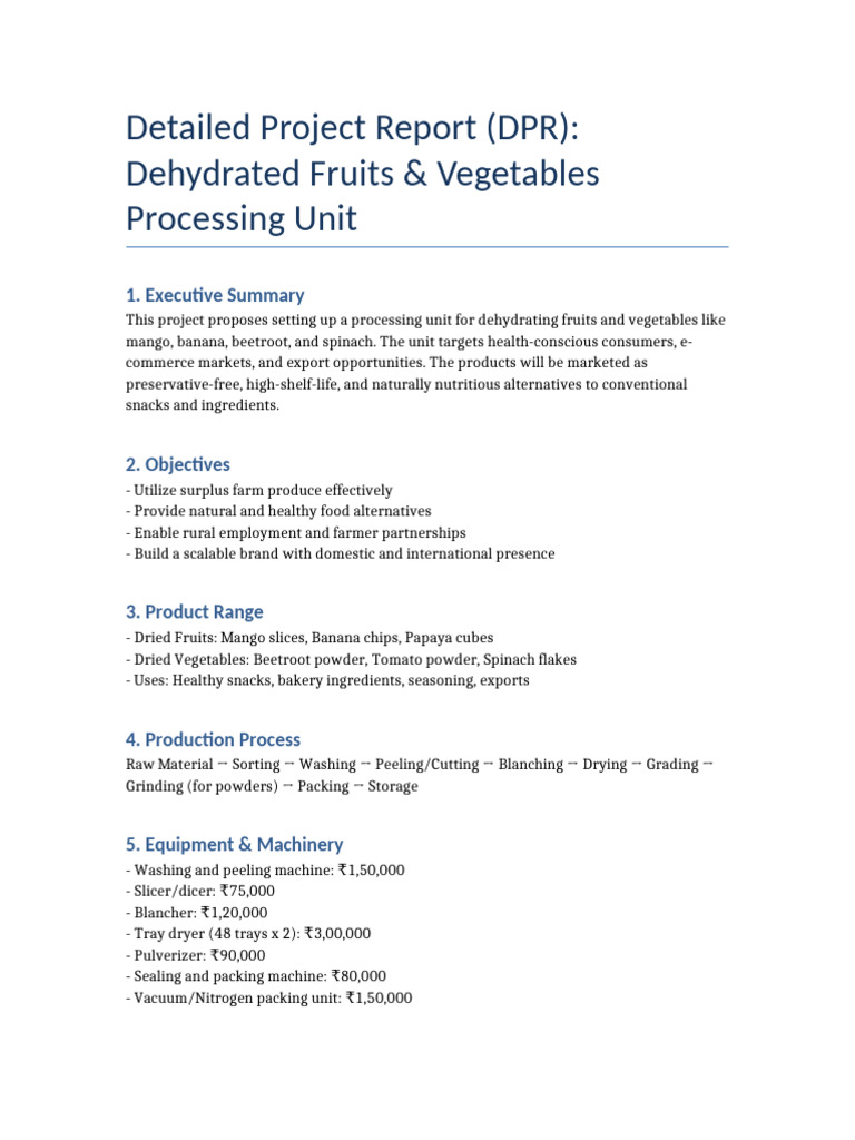 Dehydrated Fruits & Vegetables Project Report | PDF
