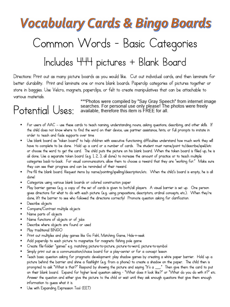 Vocabulary Cards - 444 Common Words Updated | PDF