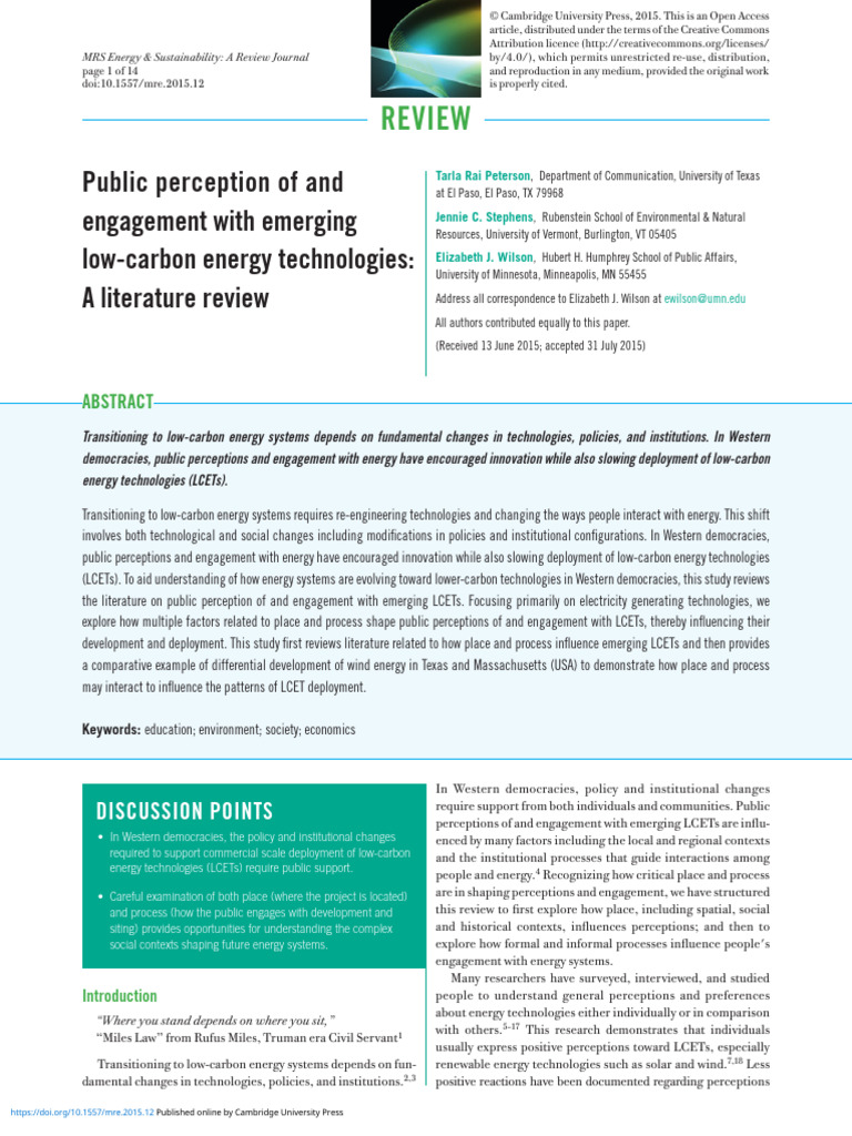Public Perception of and Engagement With Emerging Low Carbon Energy ...