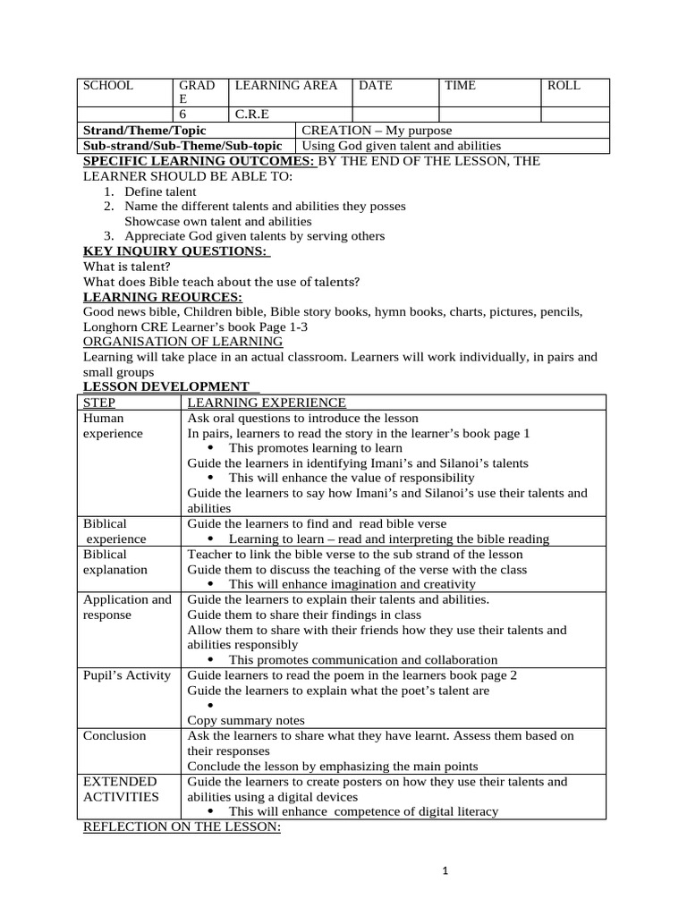 CRE Lesson Plan: Nurturing Talents | PDF | Bible | Ten Commandments