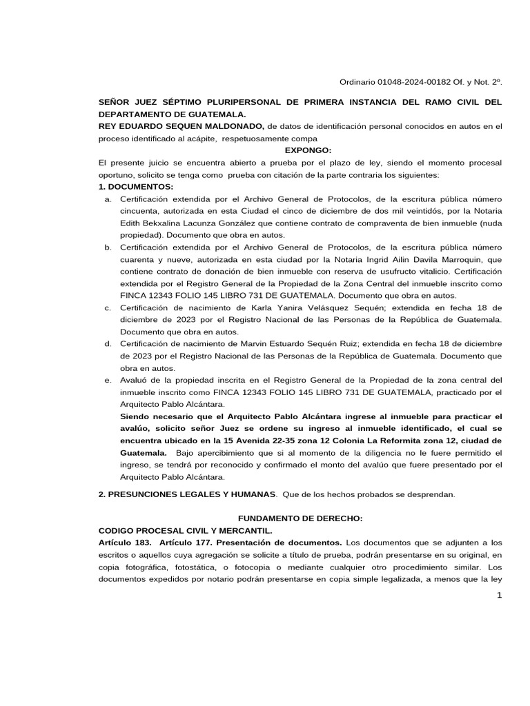 Memo Prueba Documentos y Presuncional Ordinario 01048-2024-00182 | PDF | Guatemala | Derecho ...