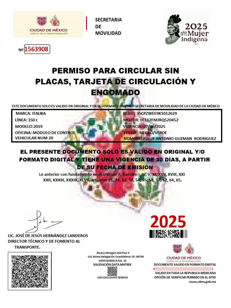 Permiso para Circular Sin Placas Italika 150Z 2019 CDMX | PDF | México
