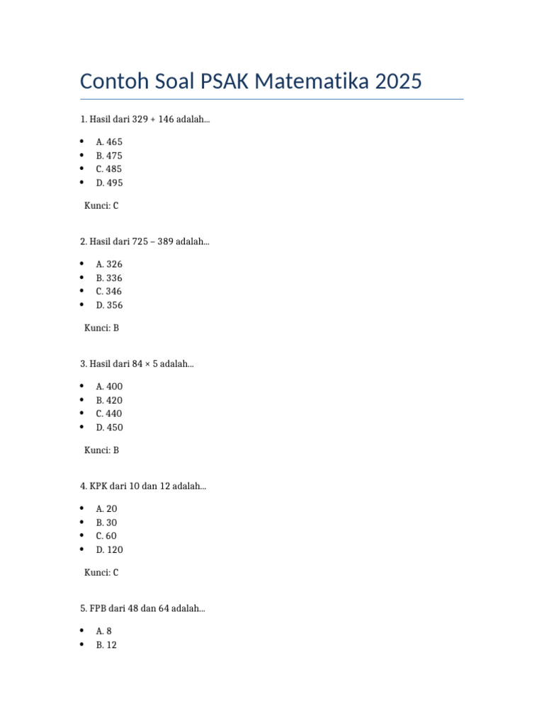 Contoh Soal PSAK Matematika 2025 | PDF