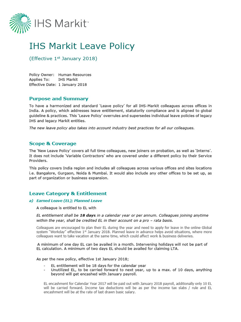 IHS Markit Leave Policy - IN - v1.0 - Jan18 | PDF | Sick Leave ...