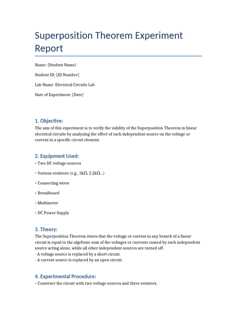 Superposition Theorem Experiment Report Pdf Electrical Network