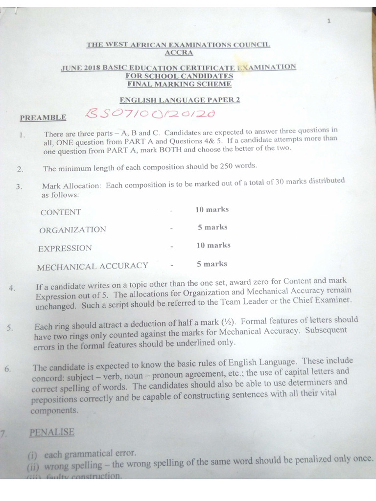BECE English Language Marking Scheme 2018 | PDF