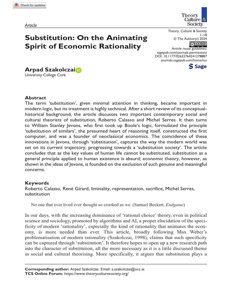 Szakolczai 2024 Substitution On The Animating Spirit of Economic ...