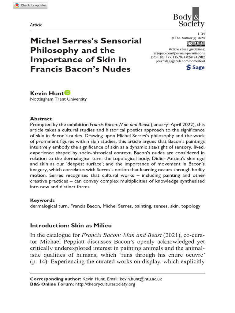 Hunt 2024 Michel Serres S Sensorial Philosophy and The Importance of Skin in Francis Bacon S ...