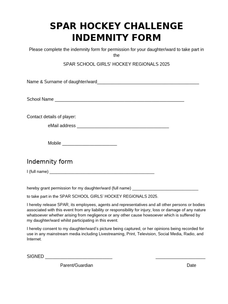 Indemnity Form - 2025 Spar Schoolgirls' Hockey Challenge - 125022 | PDF