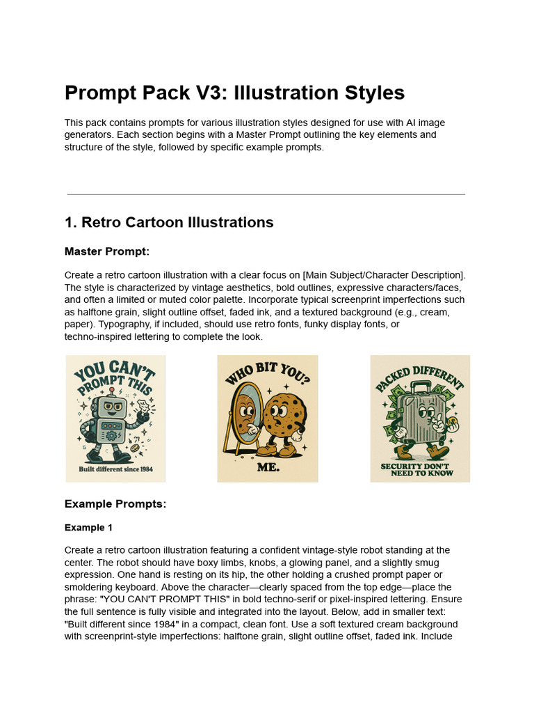 Retro Illustration Prompt Pack V3 | PDF | Shadow | Typefaces