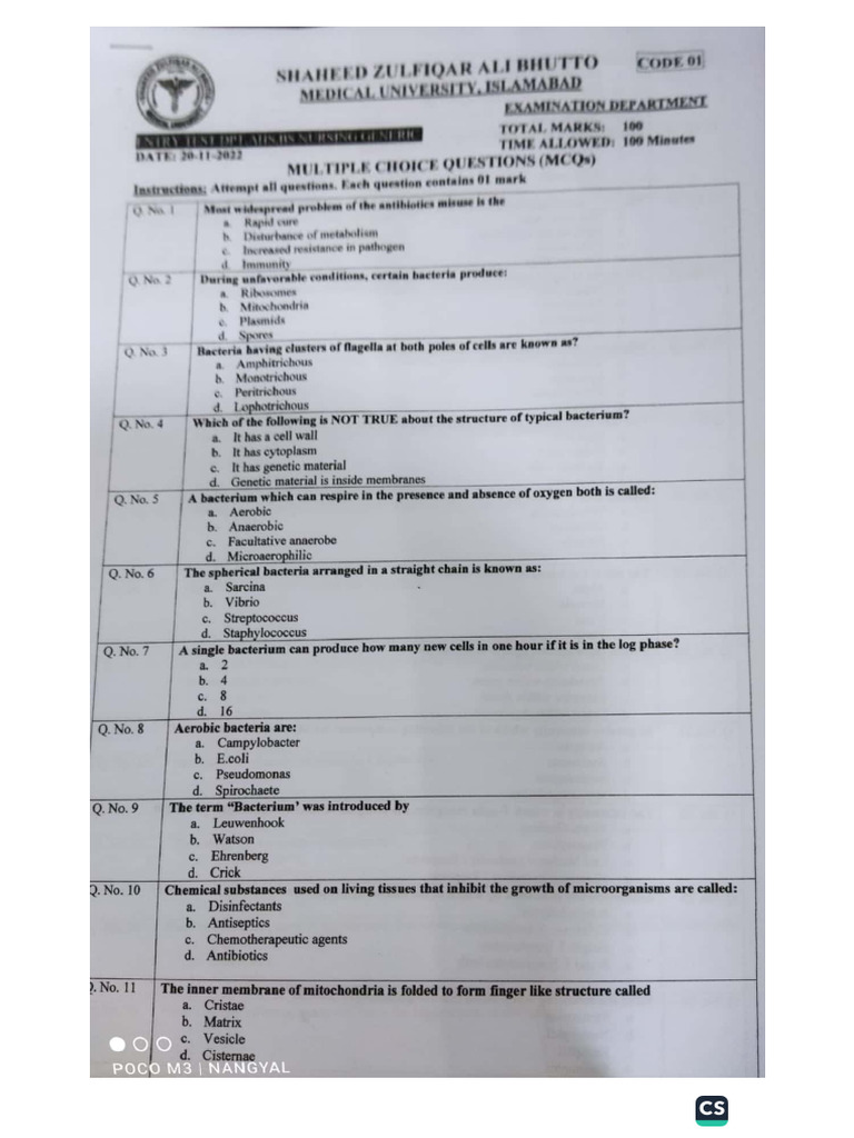 SZABMU Nursing Entry Test Past Papers | PDF
