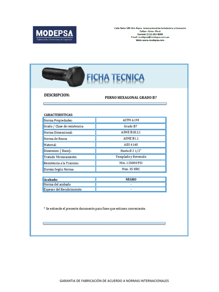 MODEPSA PERNO HEX. Grado B7 - NEGRO | PDF