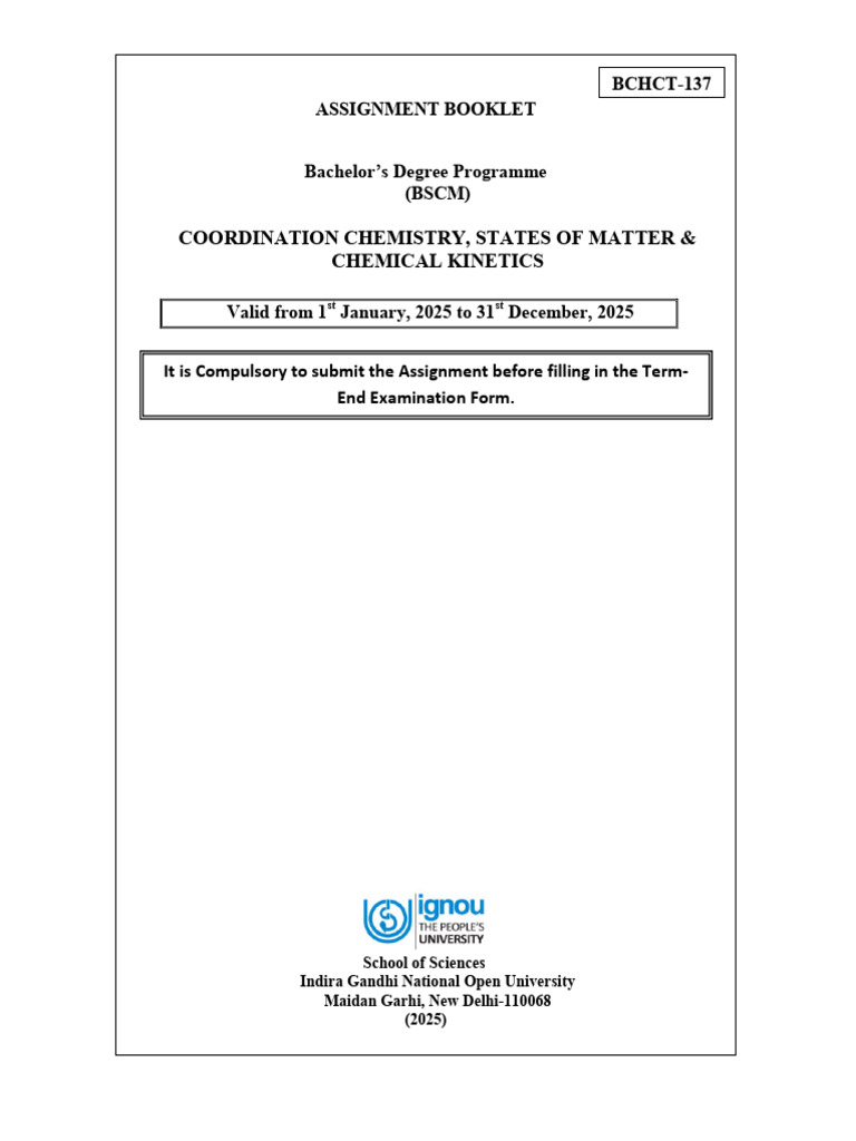Assignment BCHCT-137 (Eng) 2025 | PDF | Reaction Rate | Coordination Complex
