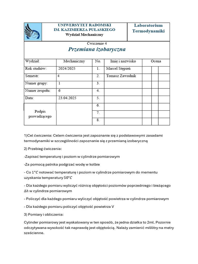 Termodynamika Sprawozdanie Izobara | PDF