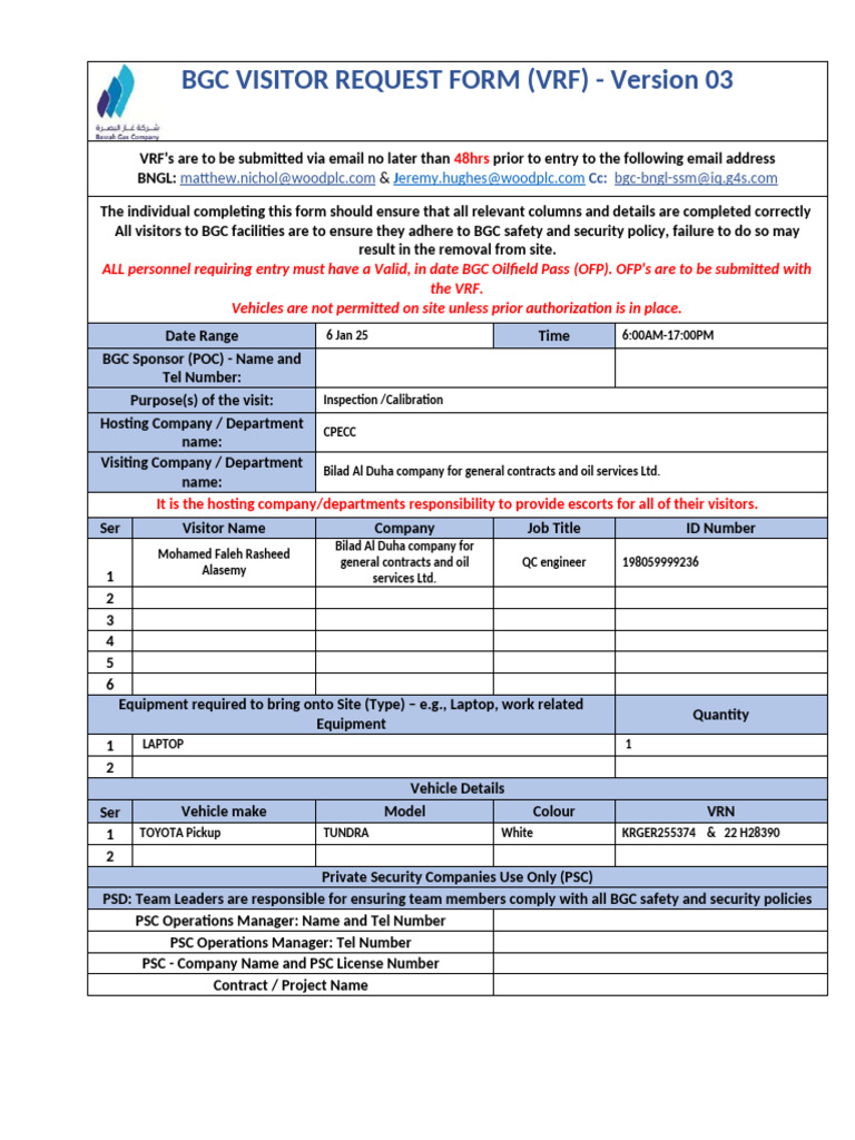 BGC Visitor Request Form 7-11-24 | PDF | Vehicles