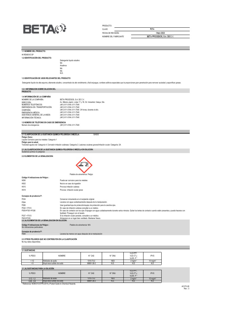 Hds Hi Remove SP p074 | PDF | Detergente | Corrosión