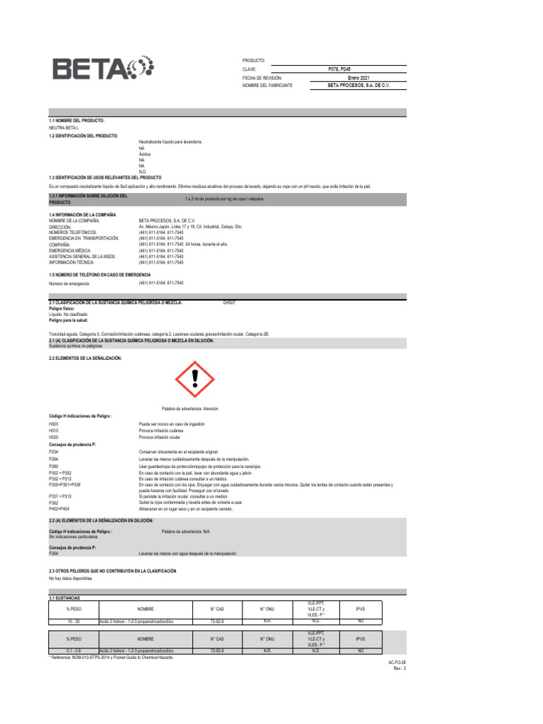 Seguridad de Neutra Beta L | PDF | Agua | Residuos