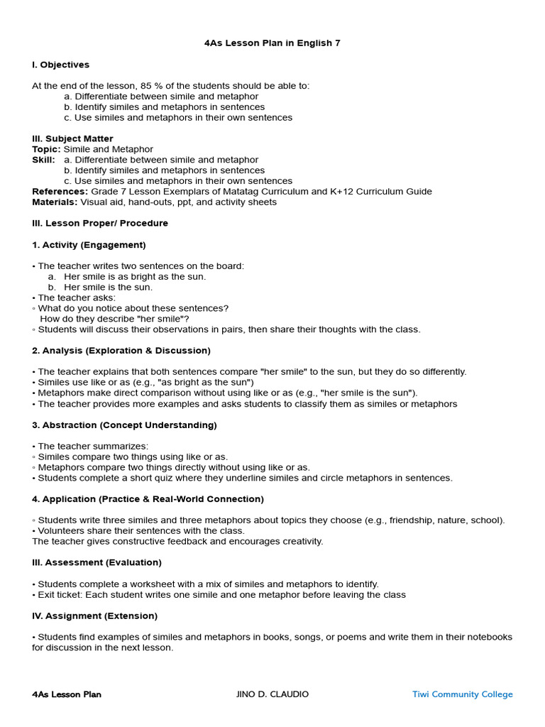 4as LP Template Guide | PDF | Metaphor | Teachers