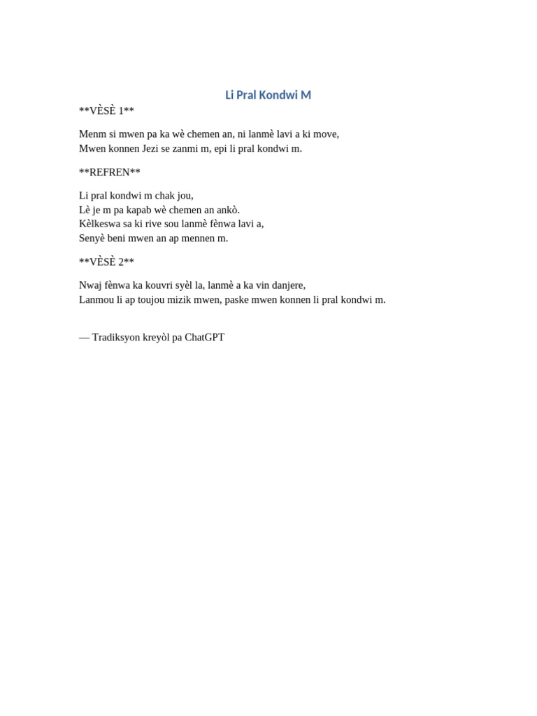 Li Pral Kondwi M Lyrics Kreyol | PDF