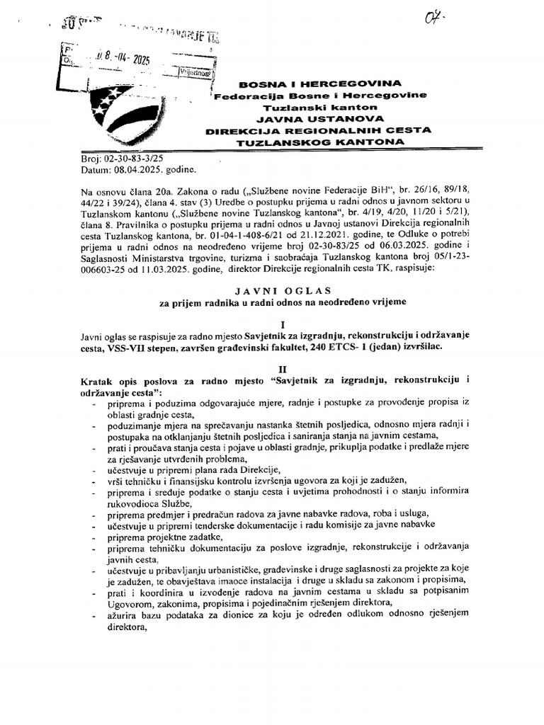 Direkcija Cesta Javni Oglas | PDF