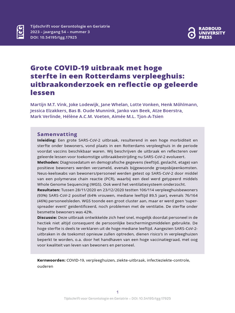 Grote COVID-19 Uitbraak Met Hoge Sterfte in Een Rotterdams Verpleeghuis ...