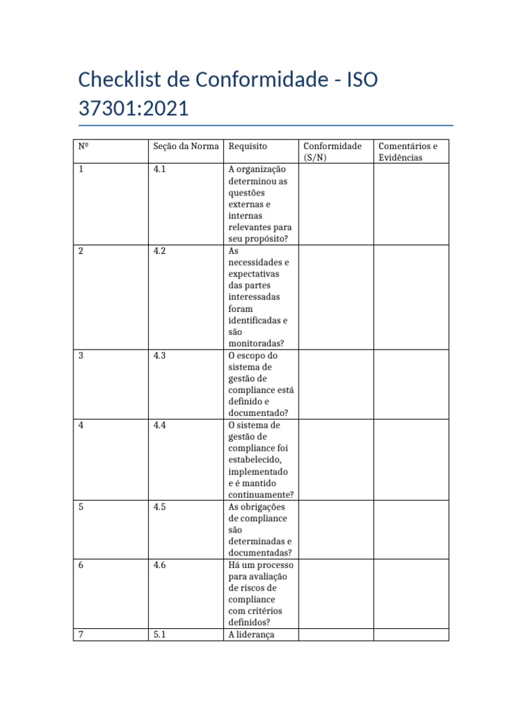 Checklist ISO 37301 Modelo | PDF
