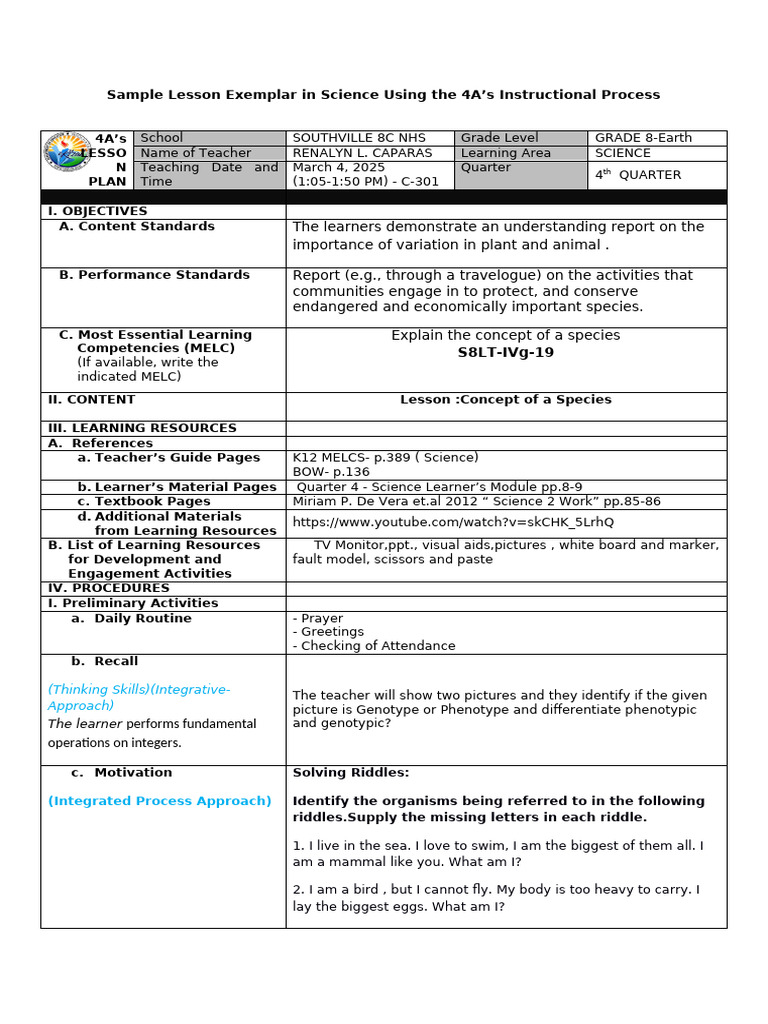 4A's Science Lesson Plan on Species | PDF | Species | Learning