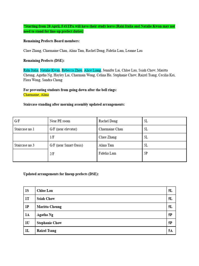 DSE Arrangements For Lineup Prefects and Other Duties | PDF
