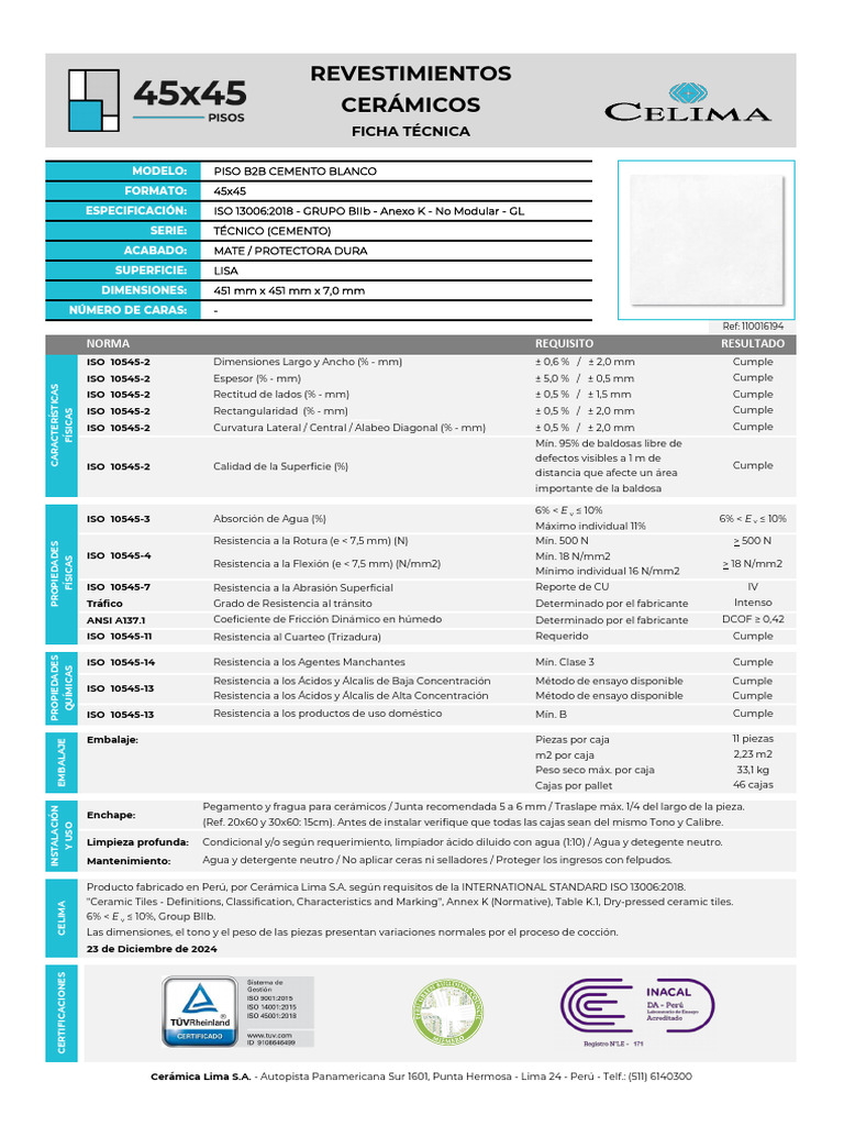 Piso Cerámico Blanco Celima 45x45 | PDF | Materiales