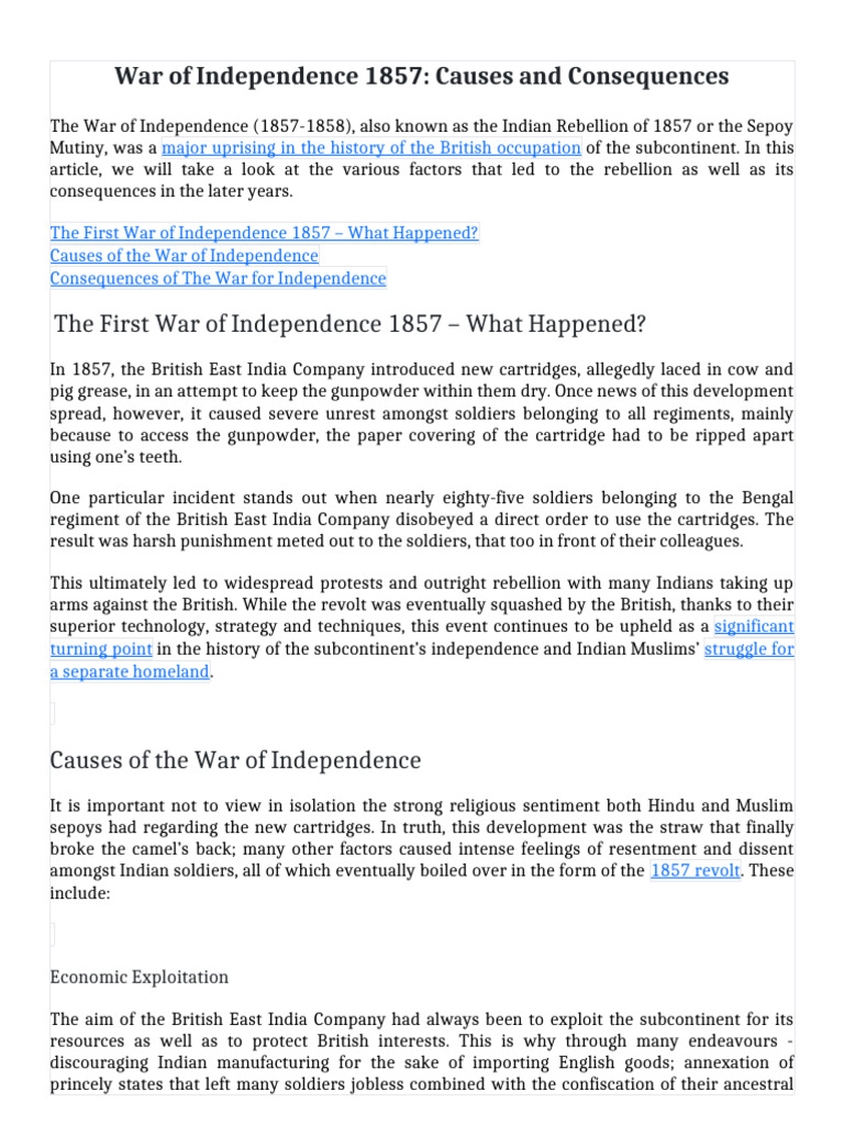History Notes (War of Independence 1857) | PDF | Indian Rebellion Of ...