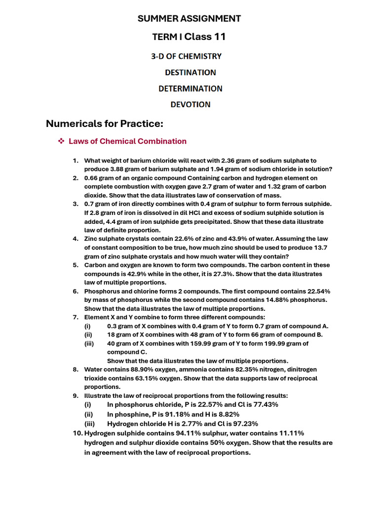 Summer Assignment Class XI Science Sections 2024-2025 | PDF | Acid | Chemical Compounds