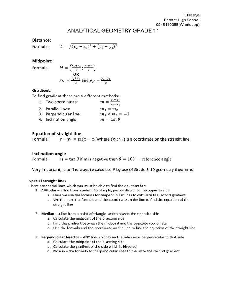 ANALYTICAL GEOMETRY GRADE 11 Notes | PDF