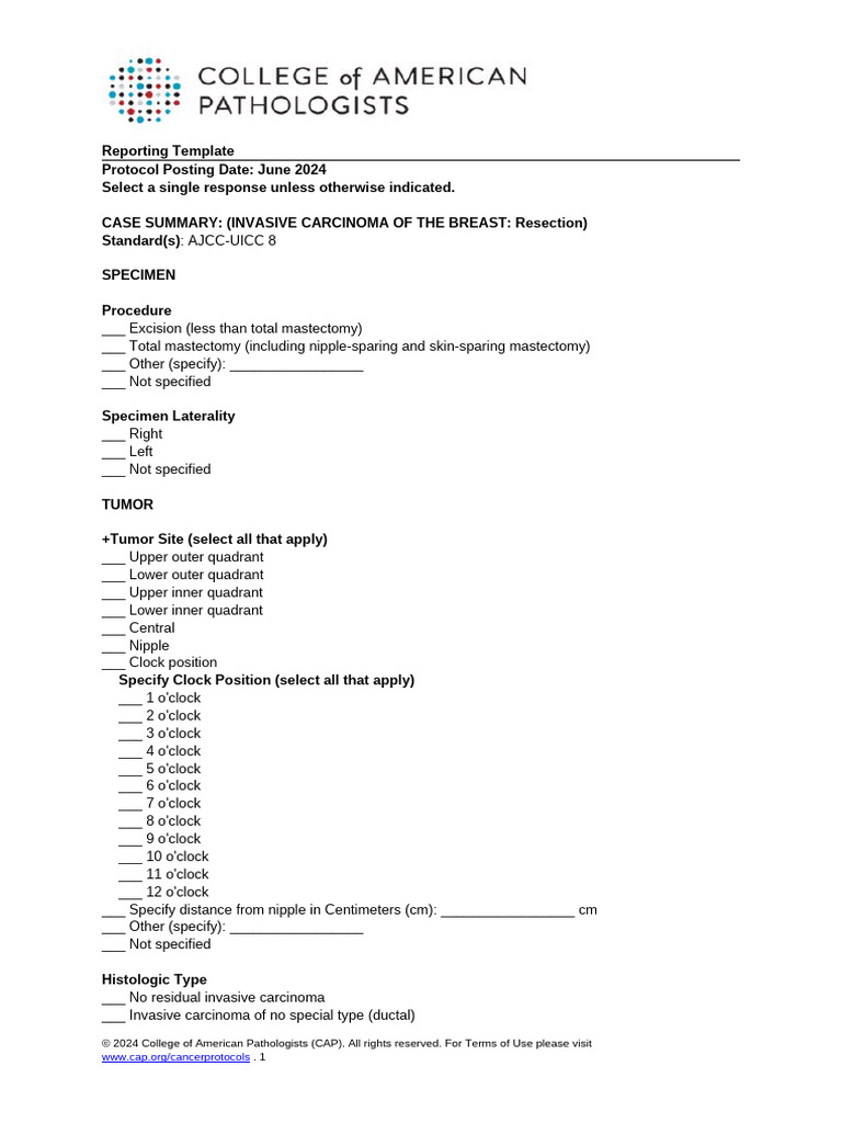 CAP Reporting Invasive Carcinoma of Breast (Resection) - June 2 | PDF | Metastasis | Breast Cancer