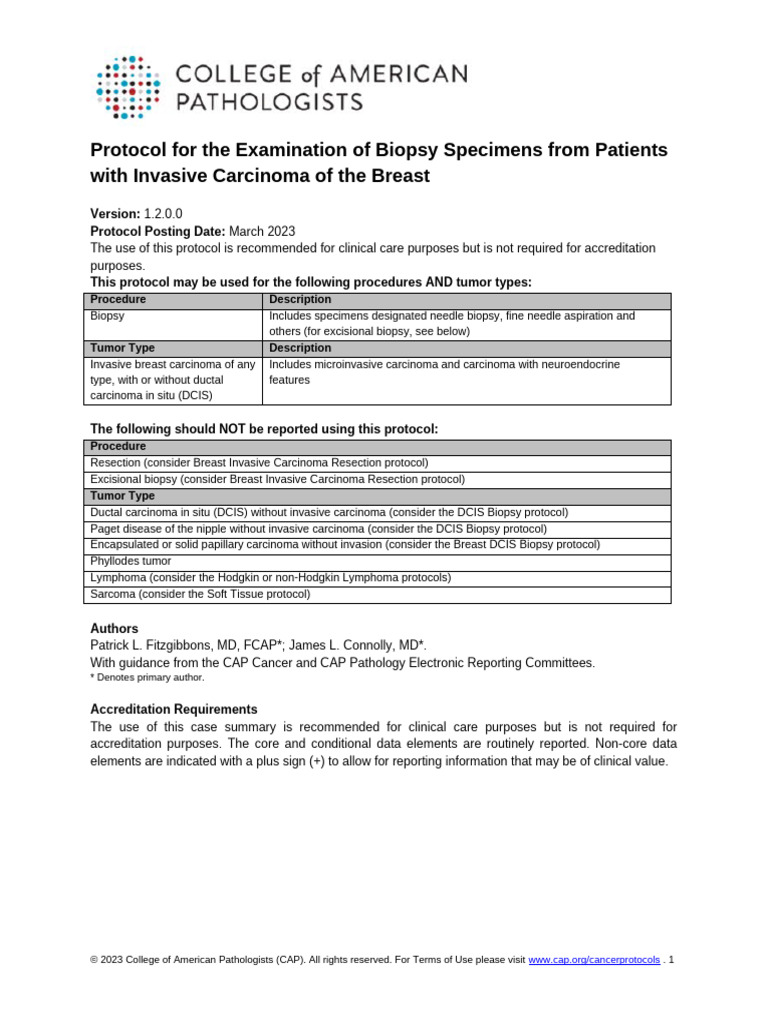 CAP Reporting Invasive Carcinoma of Breast (Biopsy) - March 202 | PDF ...