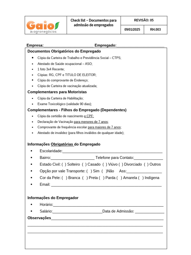 RH - 003 - Check List para Admissão de Empregados | PDF
