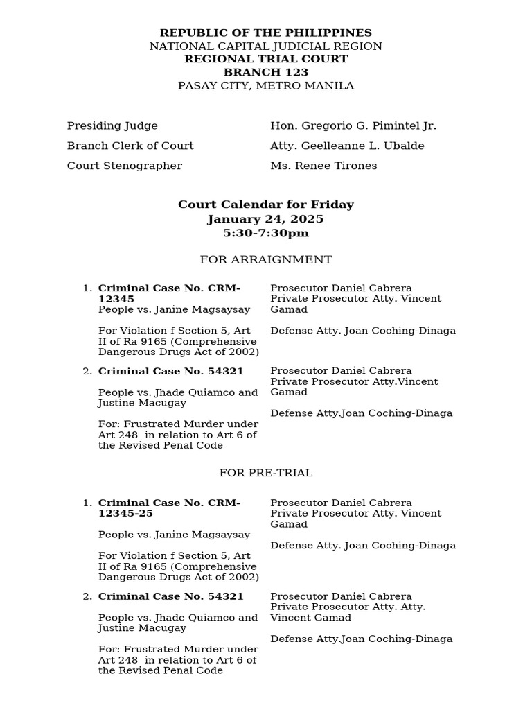Court Calendar Jan 24 2025 Fri 5 30pm | PDF