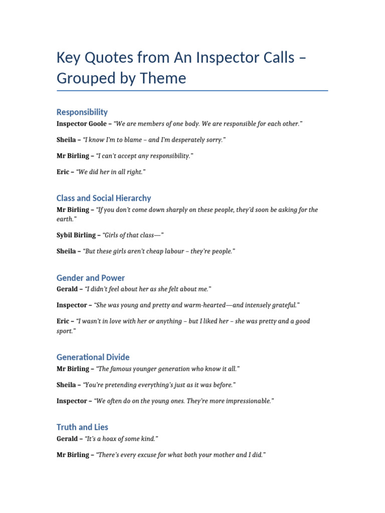An Inspector Calls Key Quotes | PDF