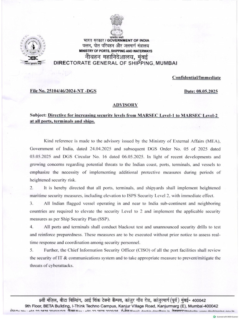 Directive for increasing security levels from MARSEC Level-1 to MARSEC ...