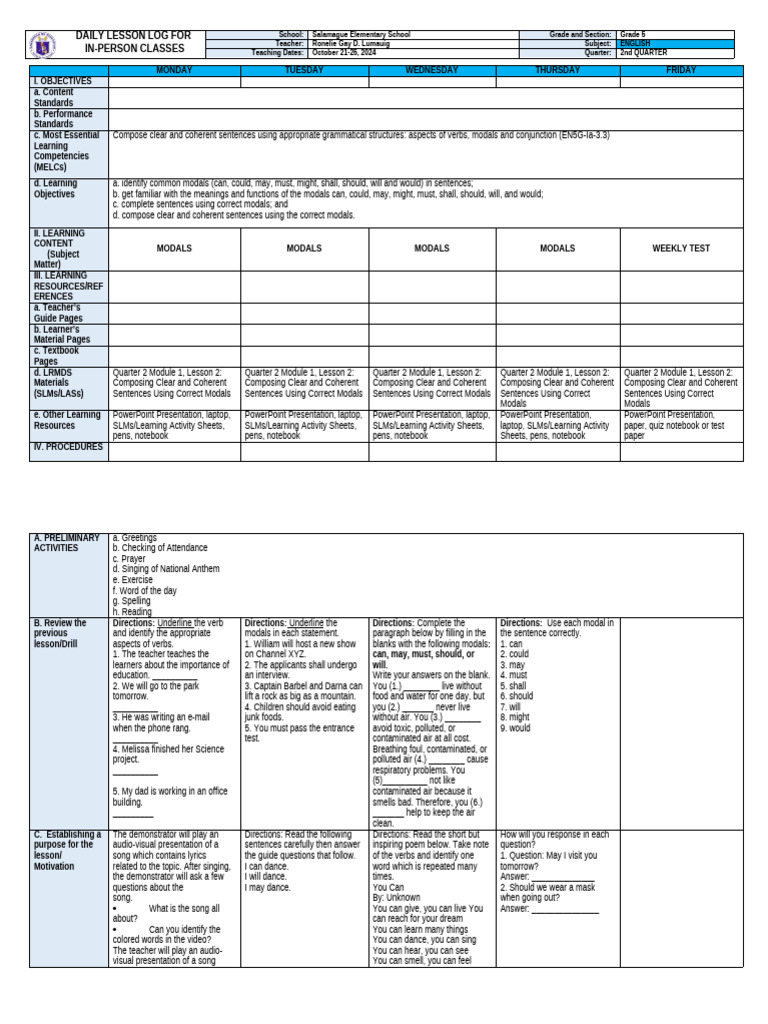 Grade 5 English Modals Lesson Plan | PDF | Linguistic Typology | Morphology
