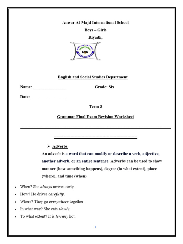 G6 T3 Final Exam Grammar Revision SHEET Answer Key | PDF | Adverb | Adjective